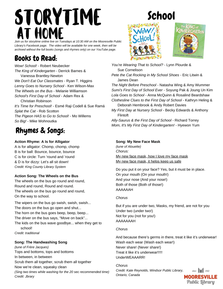 Preschool Storytime: School – Storytime with Ms. Emily Library