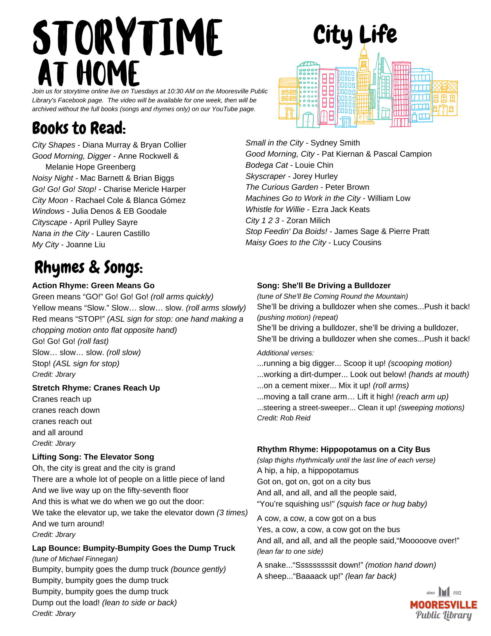 Preschool Storytime: City Life – Storytime with Ms. Emily Library