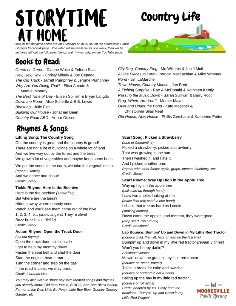 Preschool Storytime: Country Life – Storytime with Ms. Emily Library
