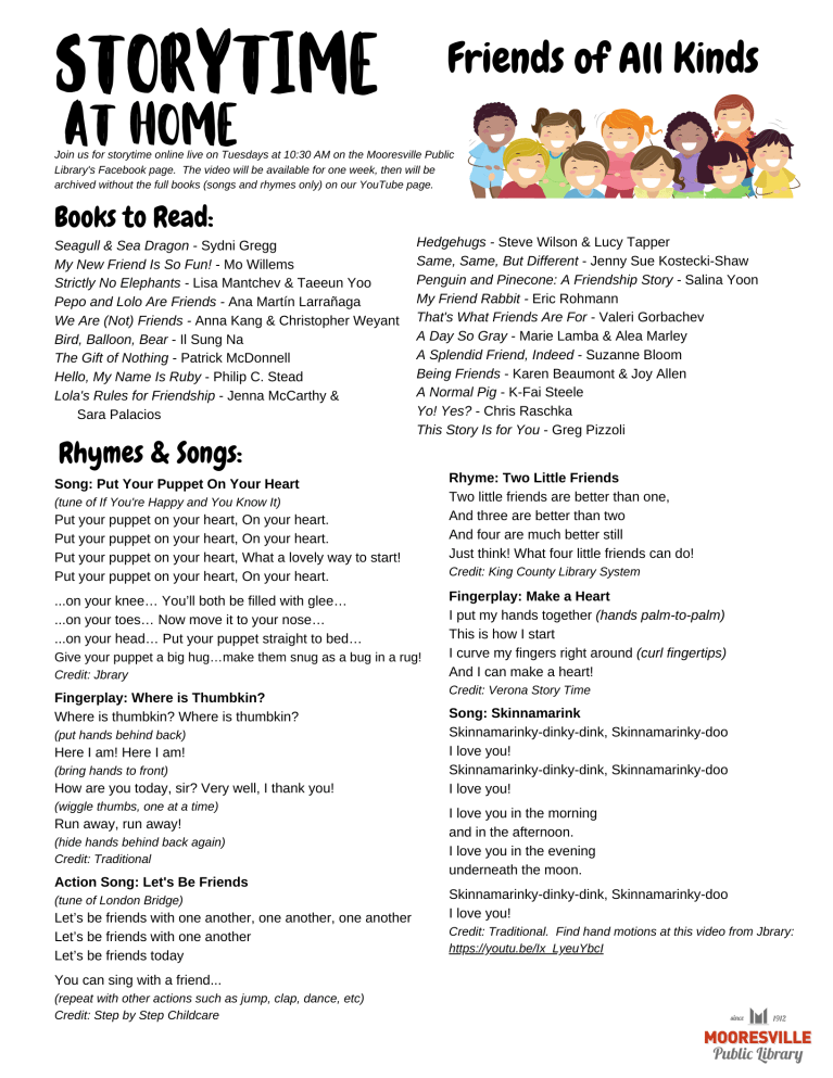 Preschool Storytime: Friends of All Kinds – Storytime with Ms. Emily ...
