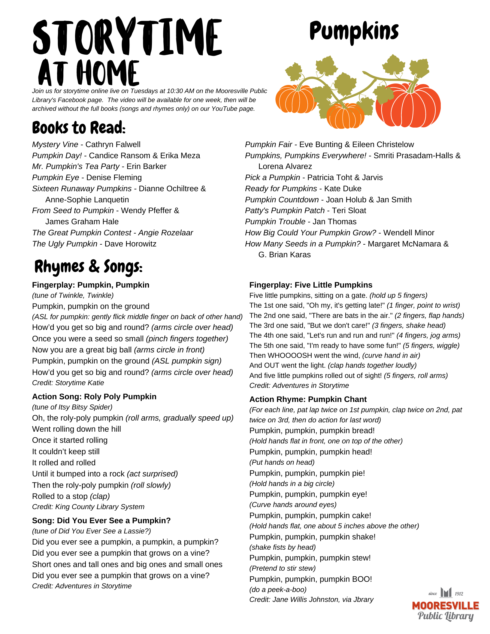 Preschool Storytime: Pumpkins – Storytime with Ms. Emily Library