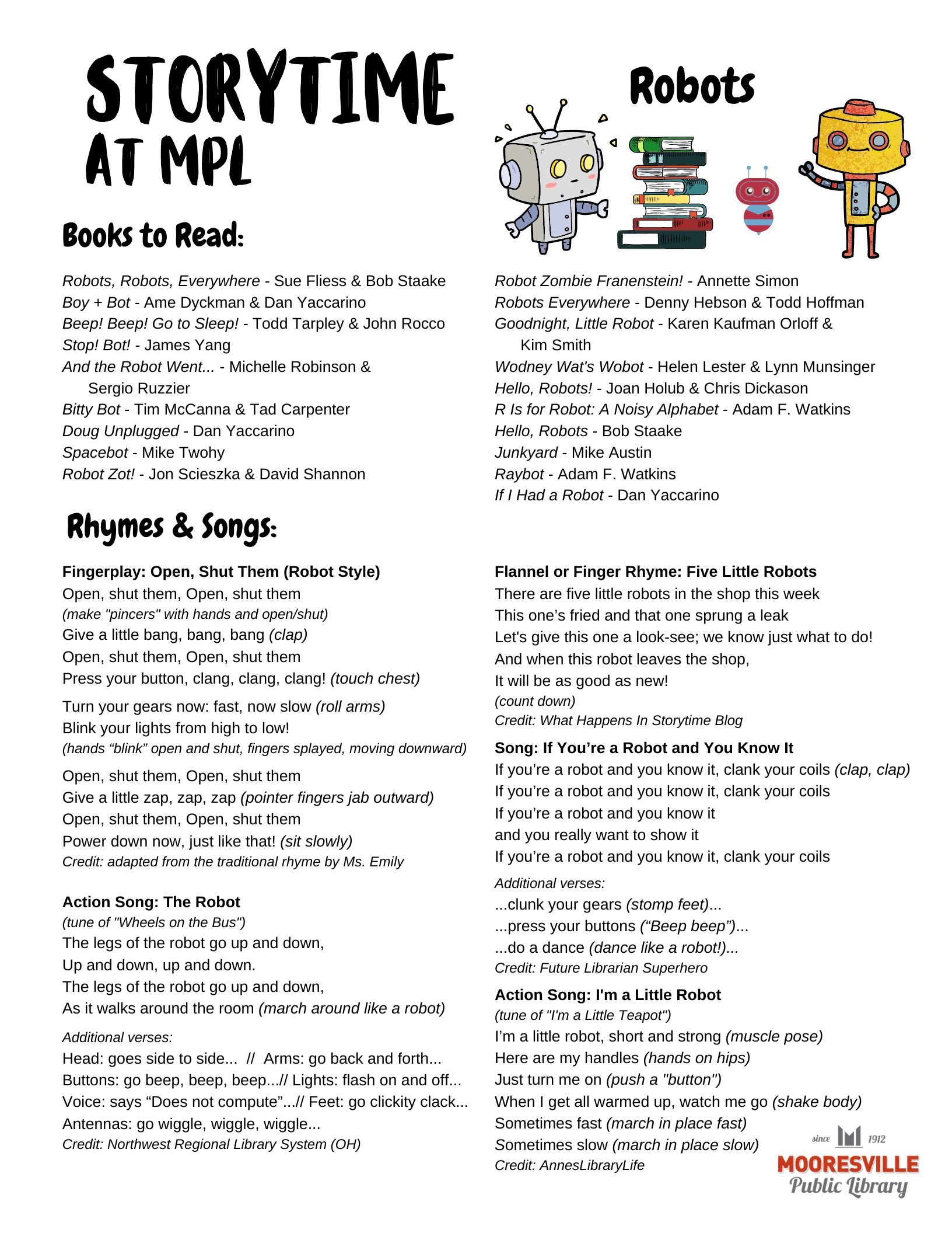 Preschool Storytime: Robots – Storytime with Ms. Emily Library