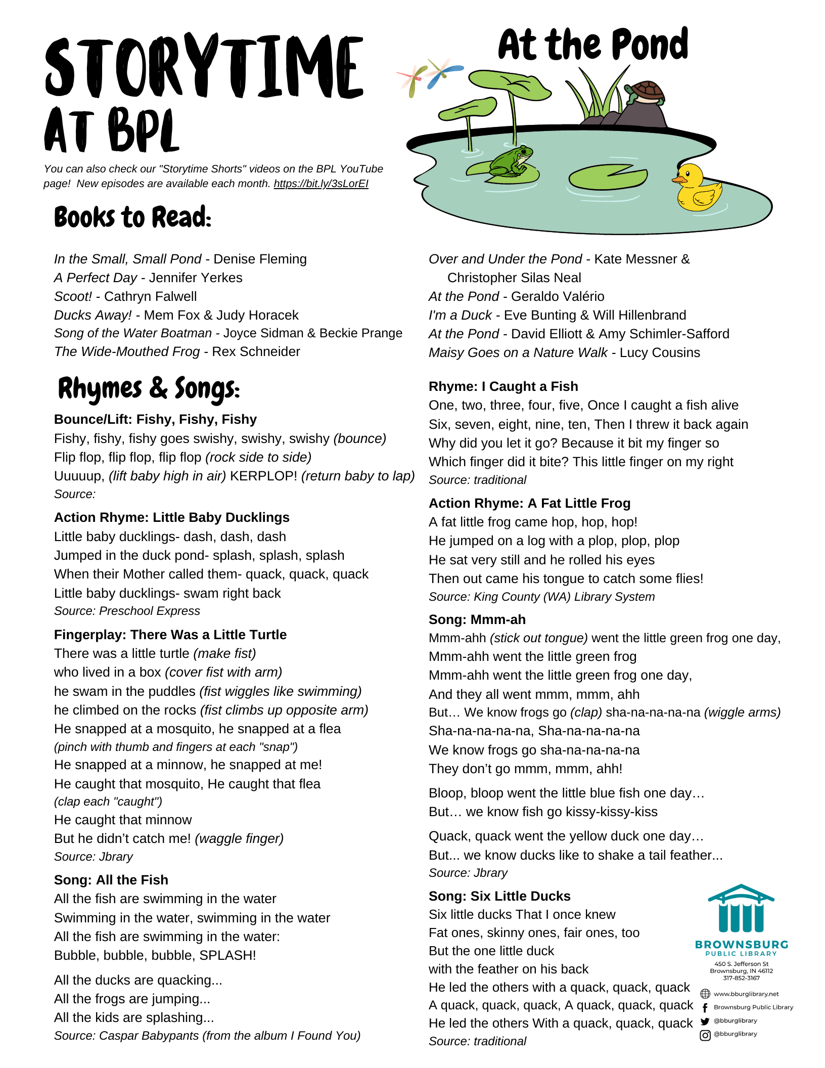 Page one Handout At the Pond – Storytime with Ms. Emily Library