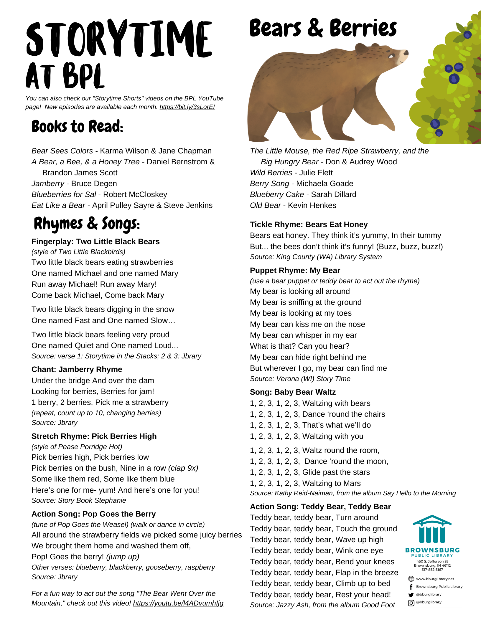 Storytime: Bears & Berries – Storytime with Ms. Emily Library