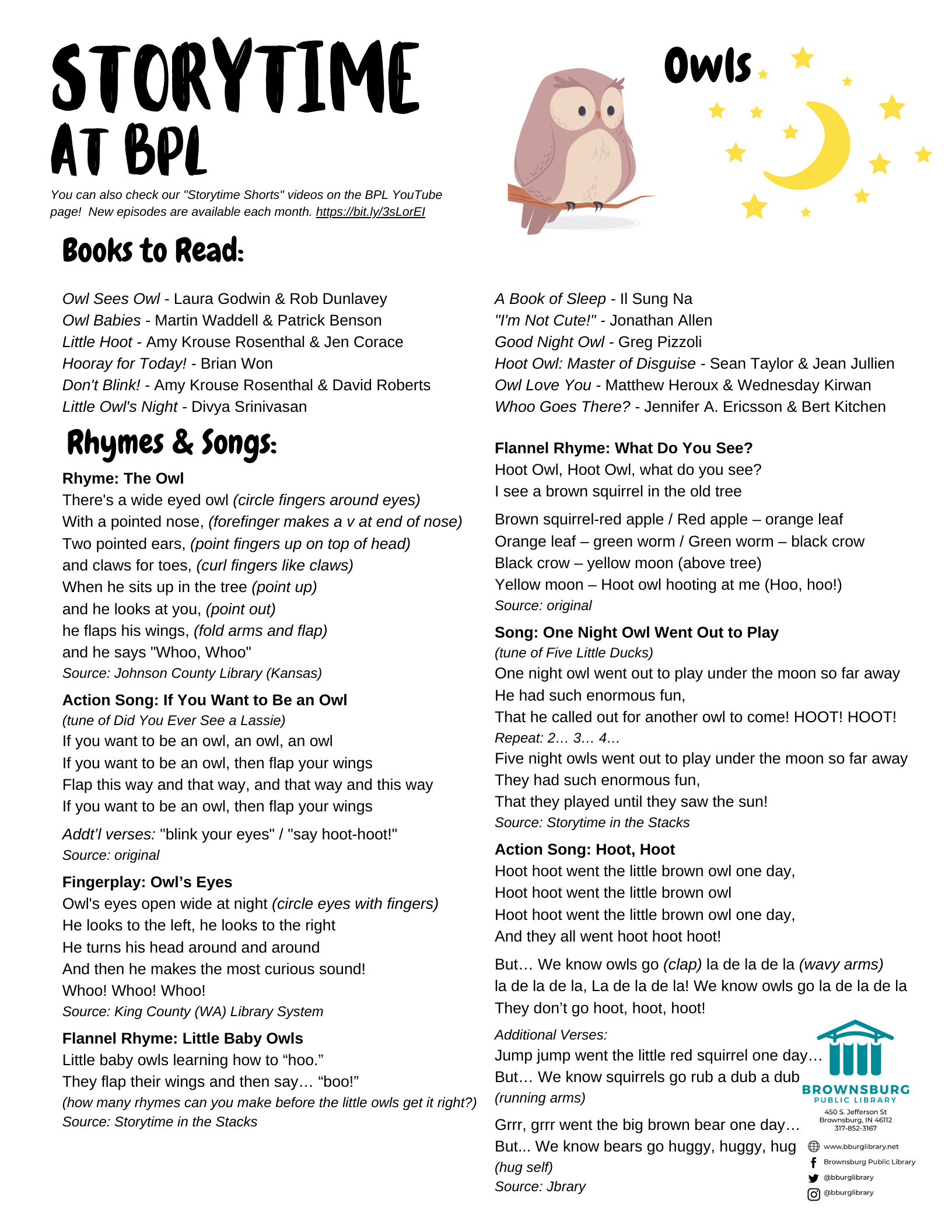 Storytime: Owls – Storytime with Ms. Emily Library