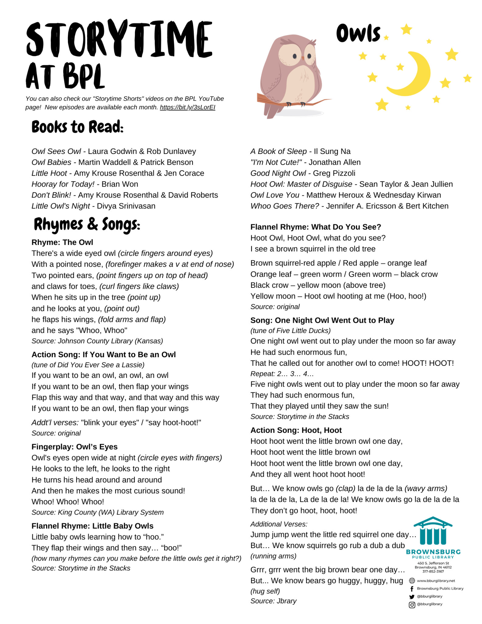 Storytime: Owls – Storytime with Ms. Emily Library