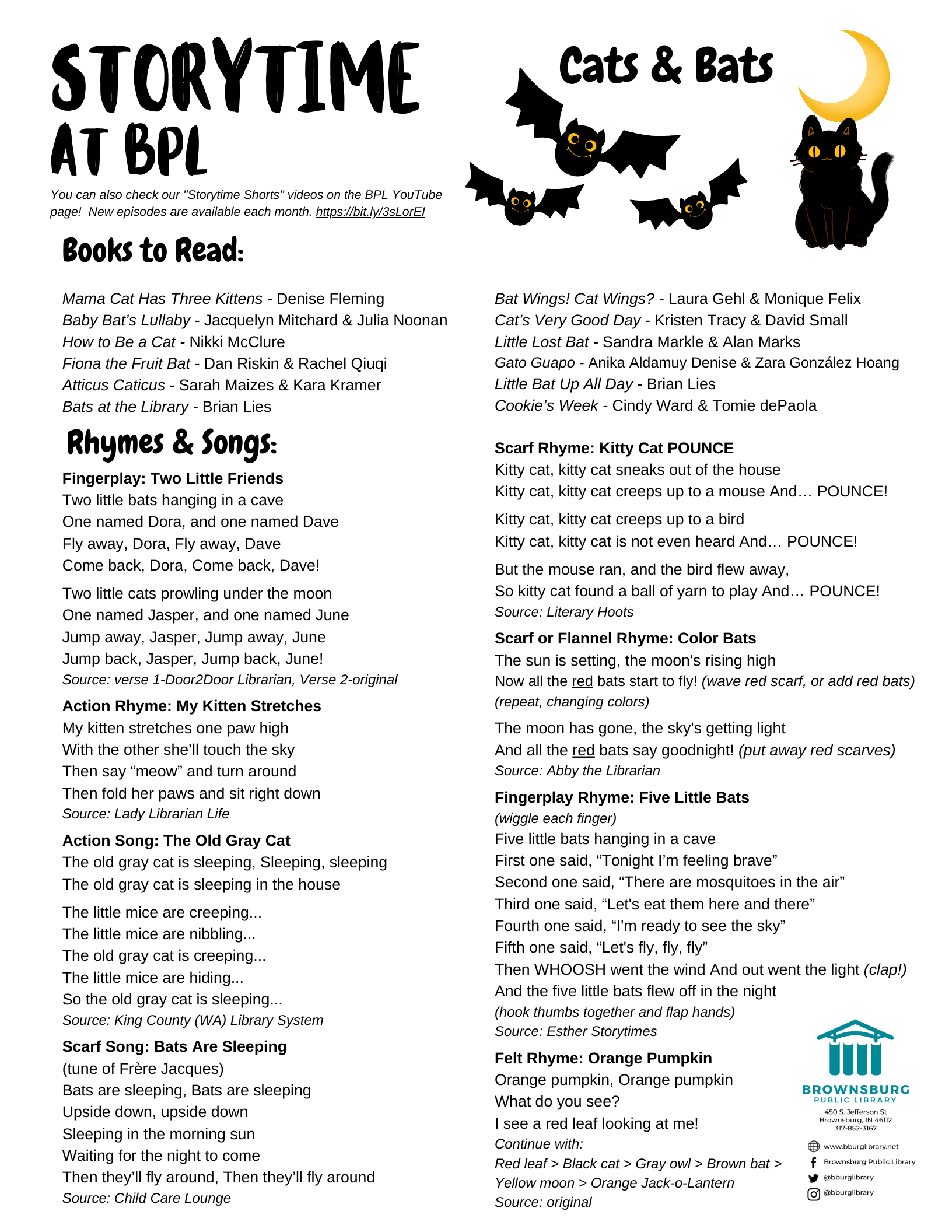 Storytime: Cats & Bats – Storytime with Ms. Emily Library