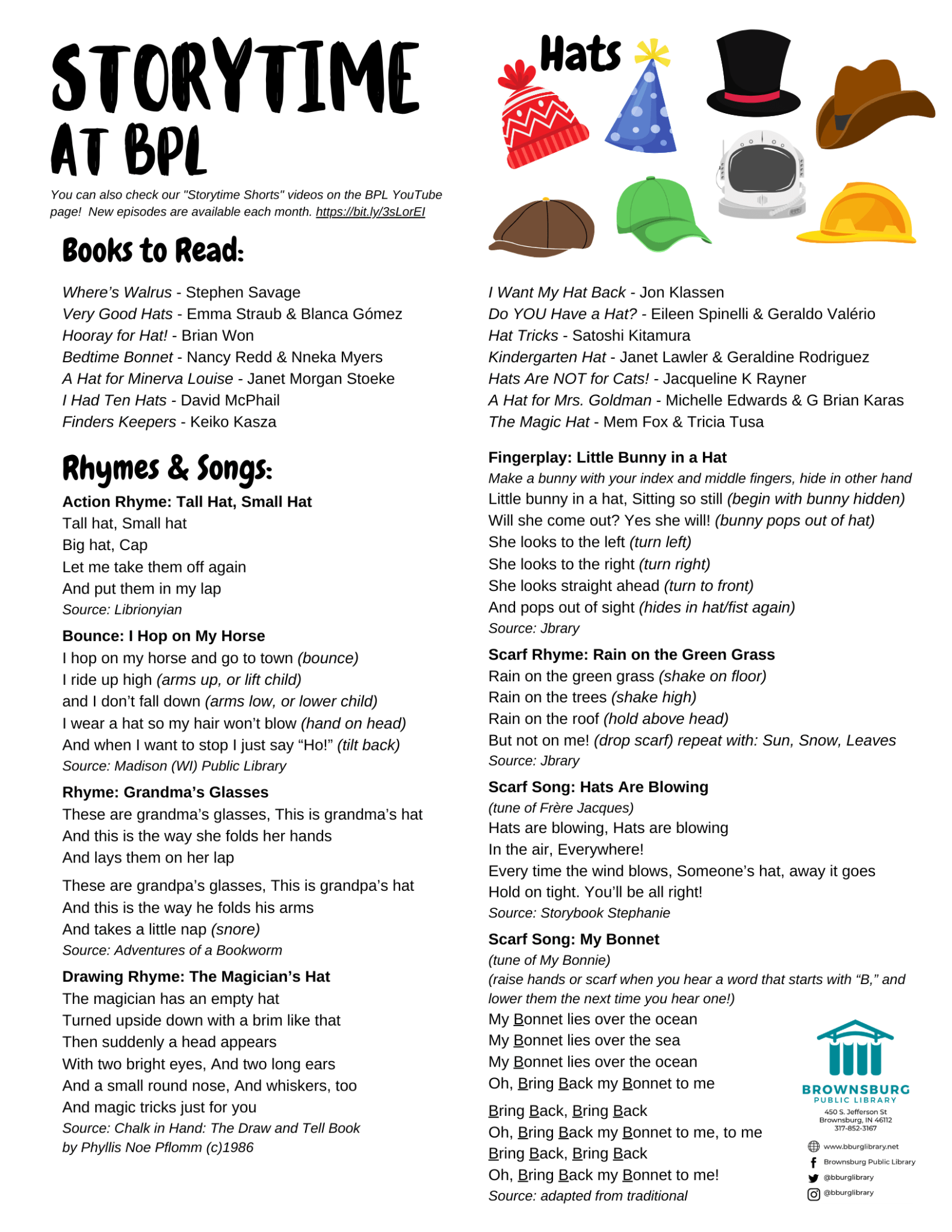 Storytime: Hats – Storytime with Ms. Emily Library