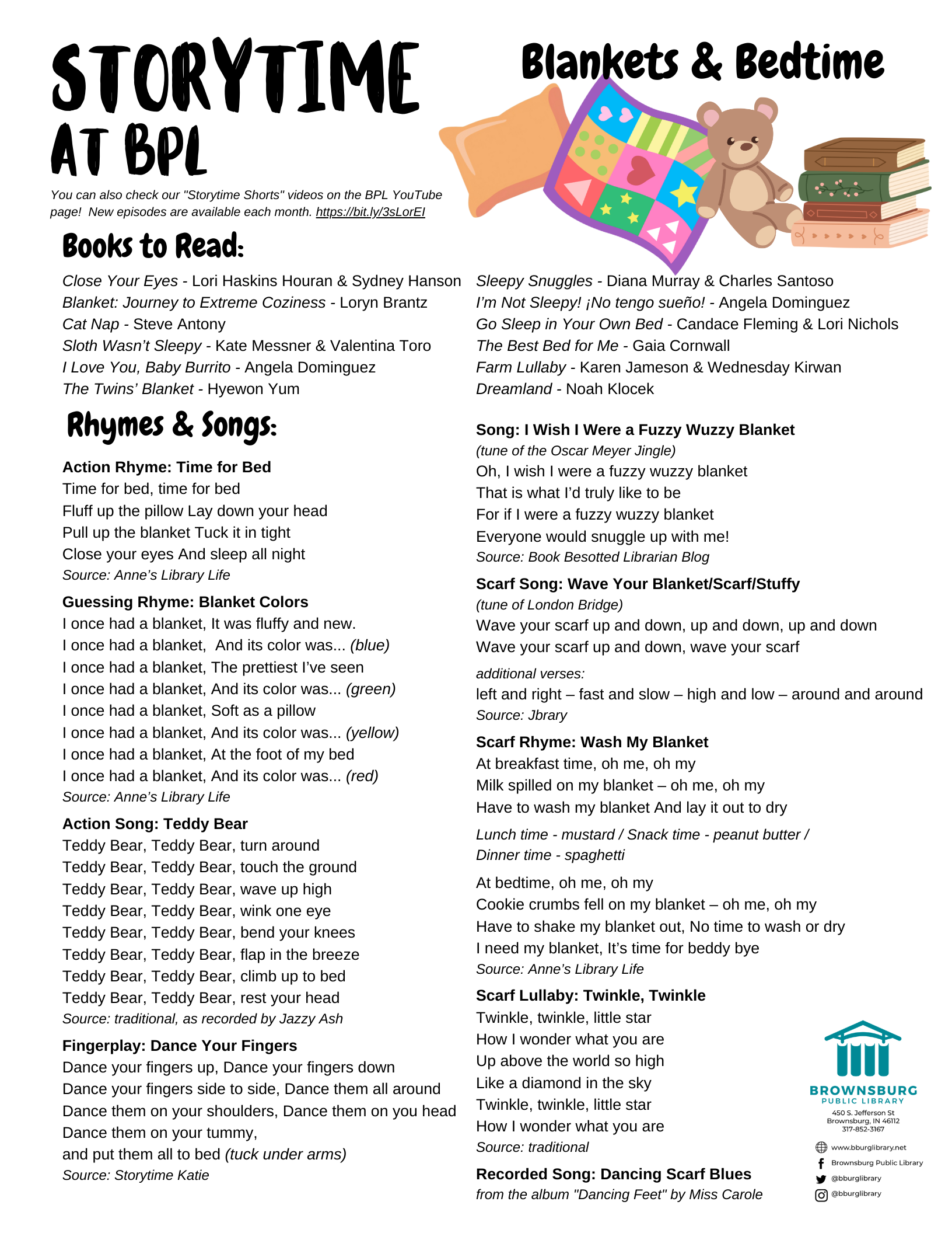 Storytime: Blankets and Bedtime – Storytime with Ms. Emily Library