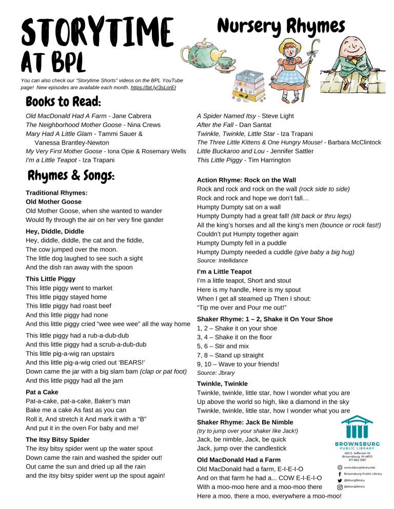 Storytime: Nursery Rhymes – Storytime with Ms. Emily Library